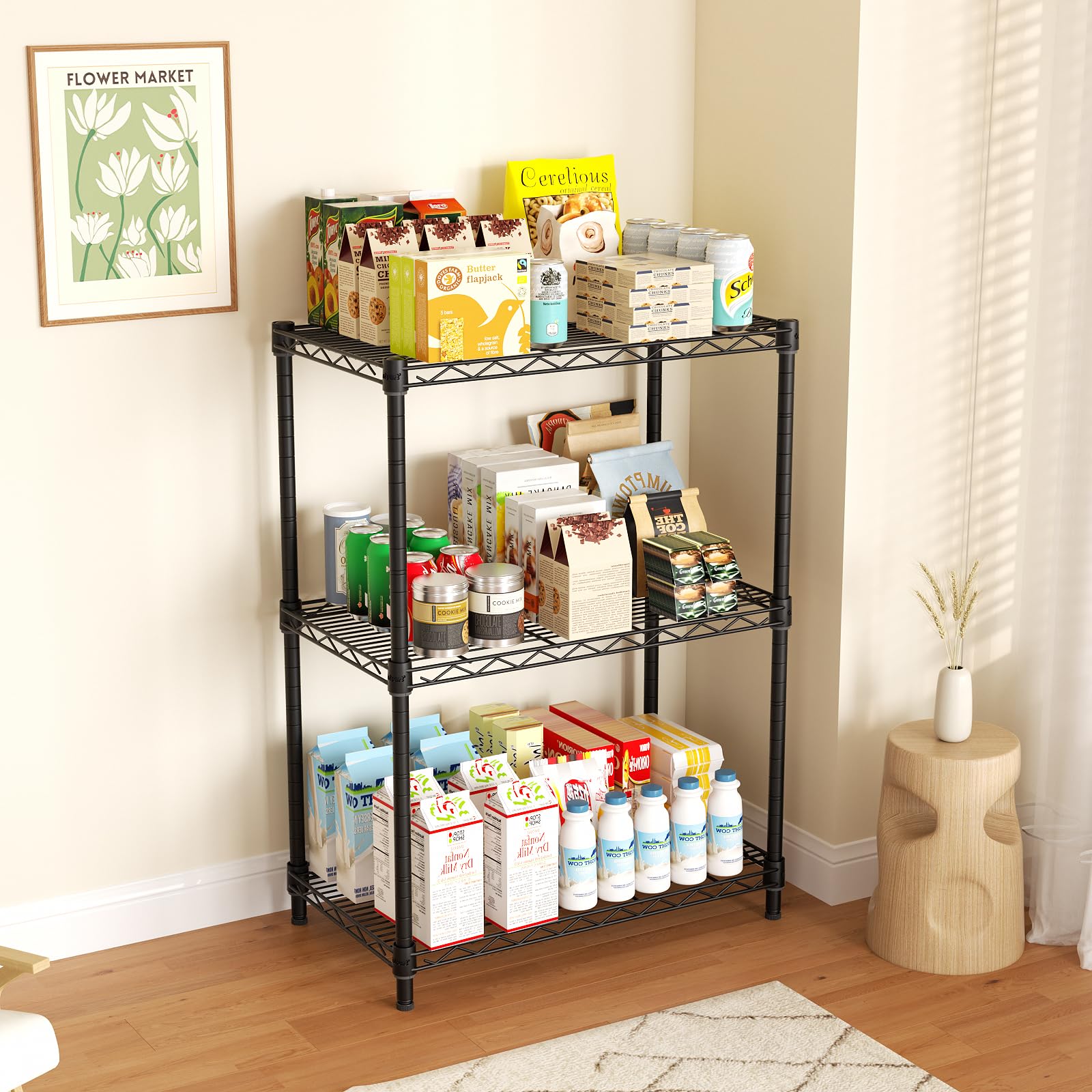 Golpart 3 Tier Adjustable Storage Shelves,Heavy Duty Metal Utility Shelf 450LBS Capacity,Wire Shelving Unit Organizer Rack for Home,Kitchen,Office,Bathroom,Pantry Room,12" D x 22" W x 22.5" H,Black