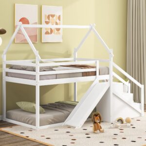 bestlm twin over twin wood house bunk bed with slide and storage staircase, twin size house loft bed frame with roof and safety guardrails for boys and girls, white