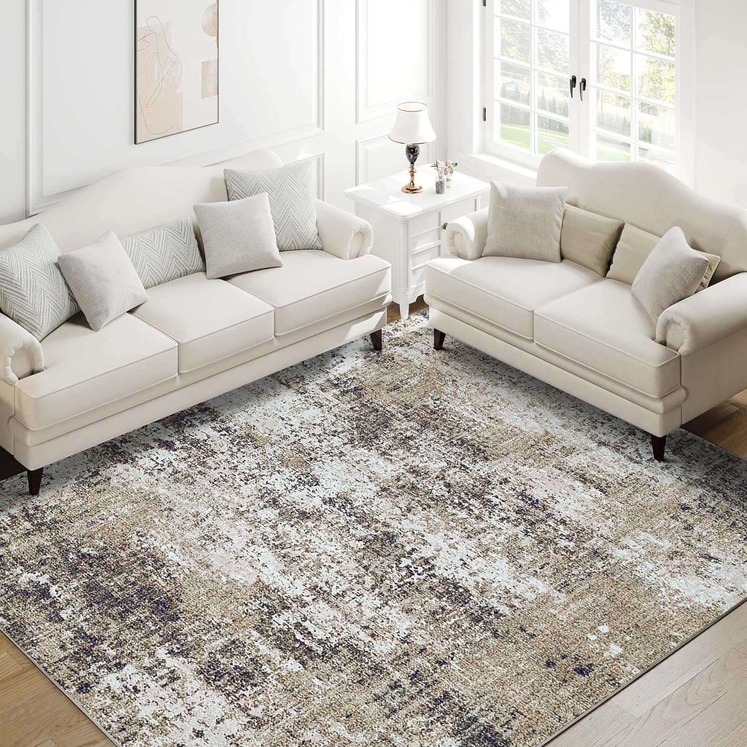 PureCozy Modern Abstract Taupe Rug 5x7 Machine Washable Living Room Area Rug Kitchen Brown Indoor Accent Rug Low Pile Carpet Distressed Throw Rug Bedroom Office Dining Room Laundry Room Non Slip