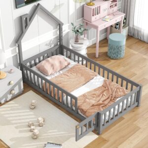 lostcat twin size floor bed frame with fence & door, montessori floor bed with house-shaped headboard, montessori bed for kids boys girls, easy assembly, grey