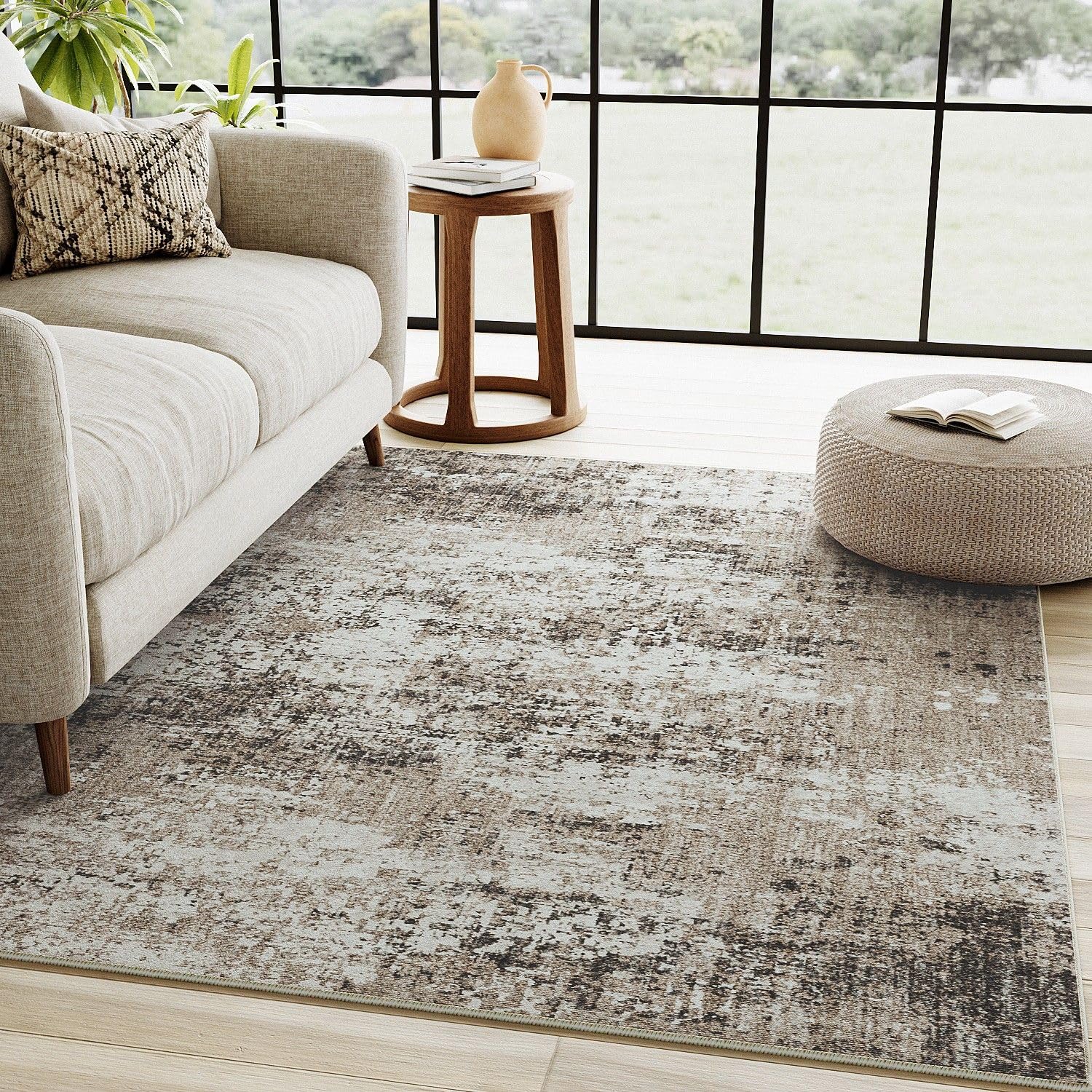 PureCozy Modern Abstract Taupe Rug 5x7 Machine Washable Living Room Area Rug Kitchen Brown Indoor Accent Rug Low Pile Carpet Distressed Throw Rug Bedroom Office Dining Room Laundry Room Non Slip