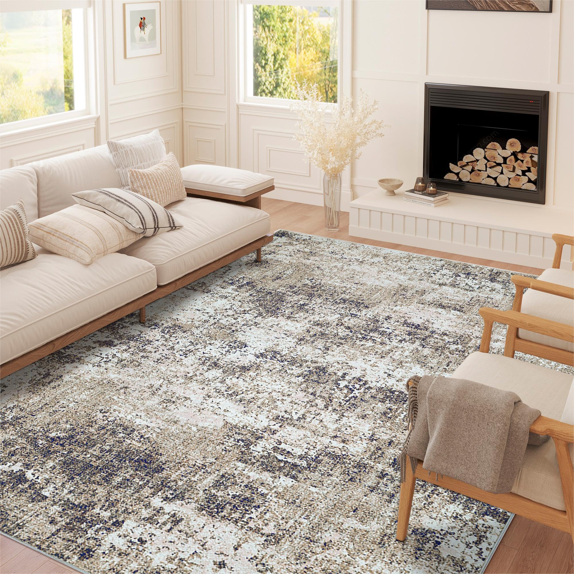 PureCozy Modern Abstract Taupe Rug 5x7 Machine Washable Living Room Area Rug Kitchen Brown Indoor Accent Rug Low Pile Carpet Distressed Throw Rug Bedroom Office Dining Room Laundry Room Non Slip