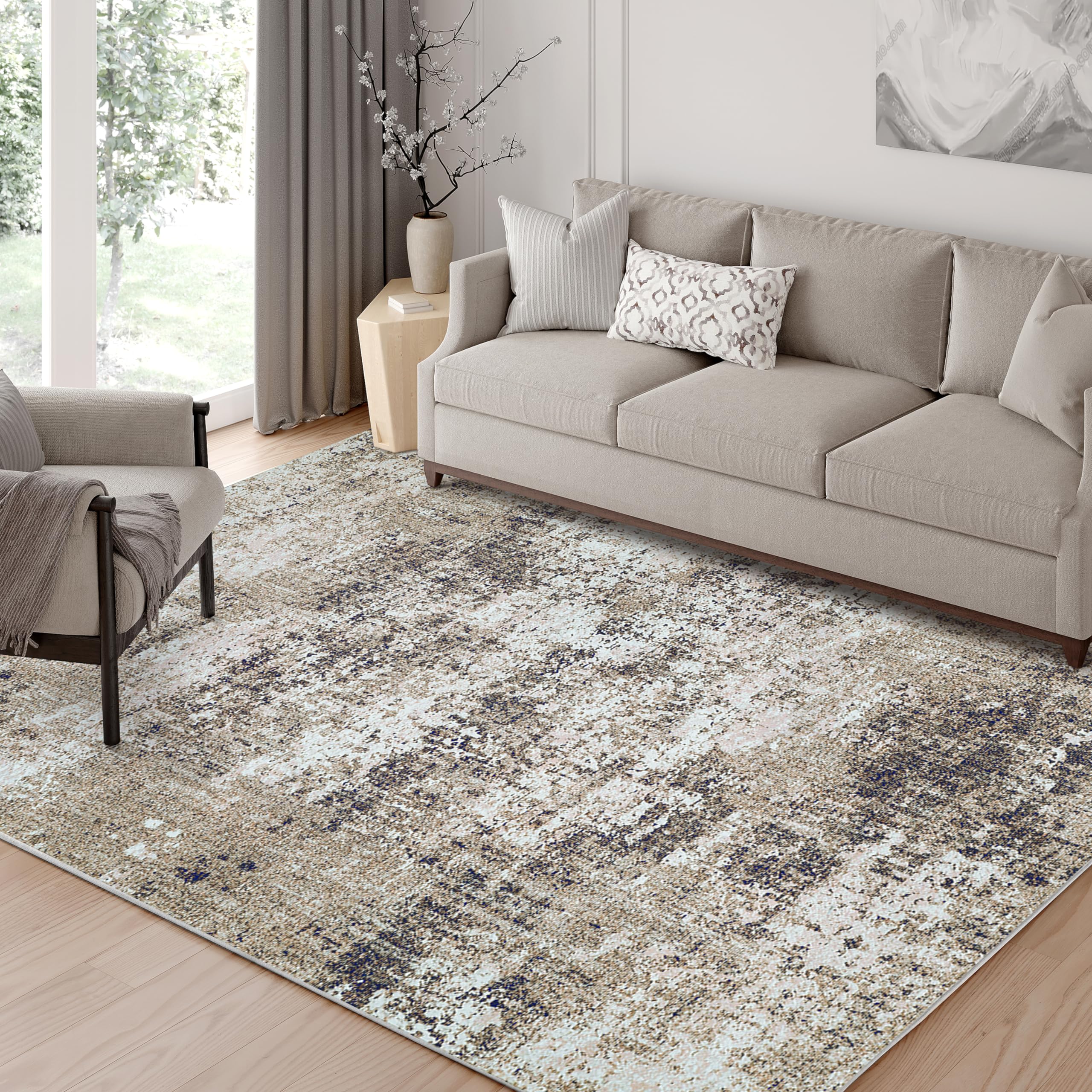 PureCozy Modern Abstract Taupe Rug 5x7 Machine Washable Living Room Area Rug Kitchen Brown Indoor Accent Rug Low Pile Carpet Distressed Throw Rug Bedroom Office Dining Room Laundry Room Non Slip