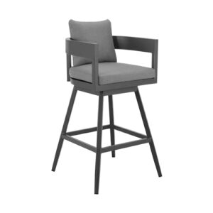 menorca outdoor patio swivel counter stool in aluminum with gray cushions