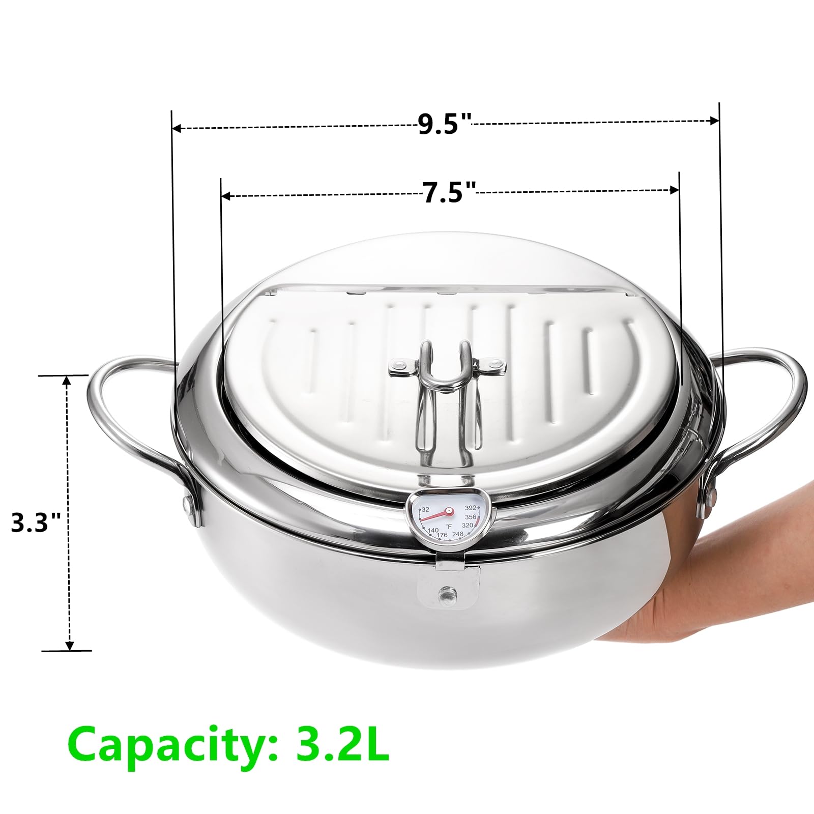 Yopay Deep Fryer Pot 304 Stainless Steel, 3.2L Frying Chicken Pot with Thermometer Control and Lid, Japanese Style Tempura Fryer Pot