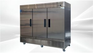 elite kitchen supply commercial reach in refrigerator, etl nsf 3 door fridge cooler merchandiser, 83" w 64 cu.ft. stainless steel interior