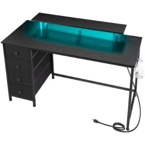 loakekel 55 inch desk with drawers, gaming desk with led light & power outlets, black computer desk with monitor stand, writing desk with headphone hook for home office, bedroom, hgd14bk