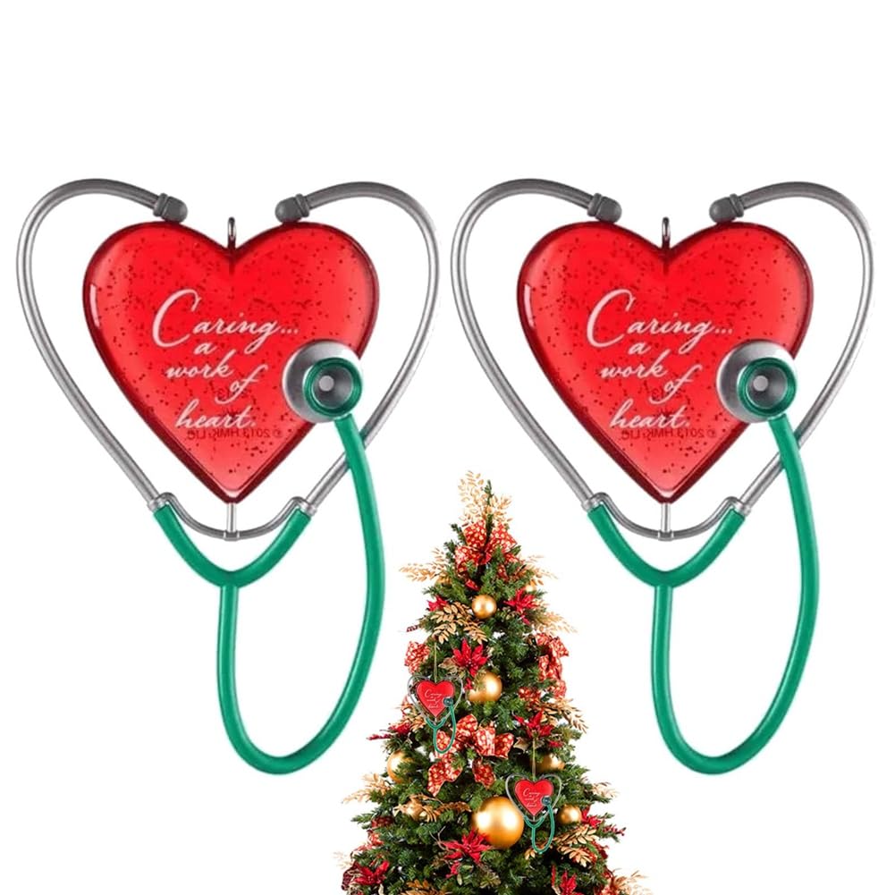 Luejnbogty 2PCS Christmas Heart Stethoscope Decoration, 2024 Stethoscope Caring Heart Work Pendant, Heart Health Wishes Pendant