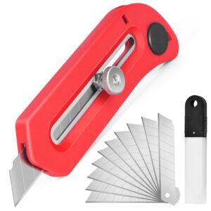 heavy-duty utility knife with comfortable silicone cover, stainless steel retractable box cutter, ergonomic grip handle, quick change blade snap off cutter knife with 10 extra sk5 18mm wide blades