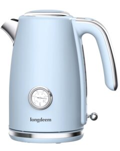 longdeem electric kettle quick heating, hot tea water boiler with thermometer 1.7l stainless steel cordless led indicator 1500w, auto shut-off & boil dry protection, easy to clean, blue