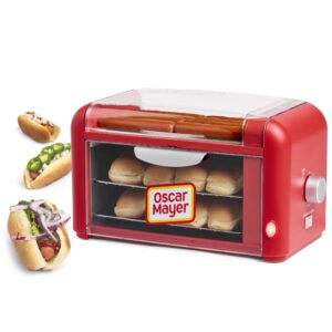 nostalgia oscar mayer extra large 8 hot dog roller & bun toaster oven, stainless steel grill rollers, non-stick warming racks, perfect for dogs, veggie sausages, brats, adjustable timer, red