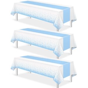 3pcs white and light blue tablecloth party decorations,plastic white table cloth printed baby blue table runner disposable rectangle table cover for birthday baby shower wedding party,54 x108 inch