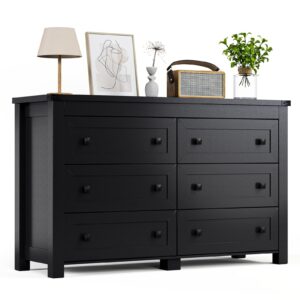 huanlego black dresser for bedroom with 6 drawers, modern chest of drawers, wood dressers bedroom furniture wide storage drawers dressers organizer for closet, living room, hallway