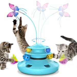 cat toys, 4-in-1 cat interactive toy for indoor rechargeable automatic with fluttering butterfly random moving ambush feather 2-tier track balls for bored indoor adult cats kittens all breeds