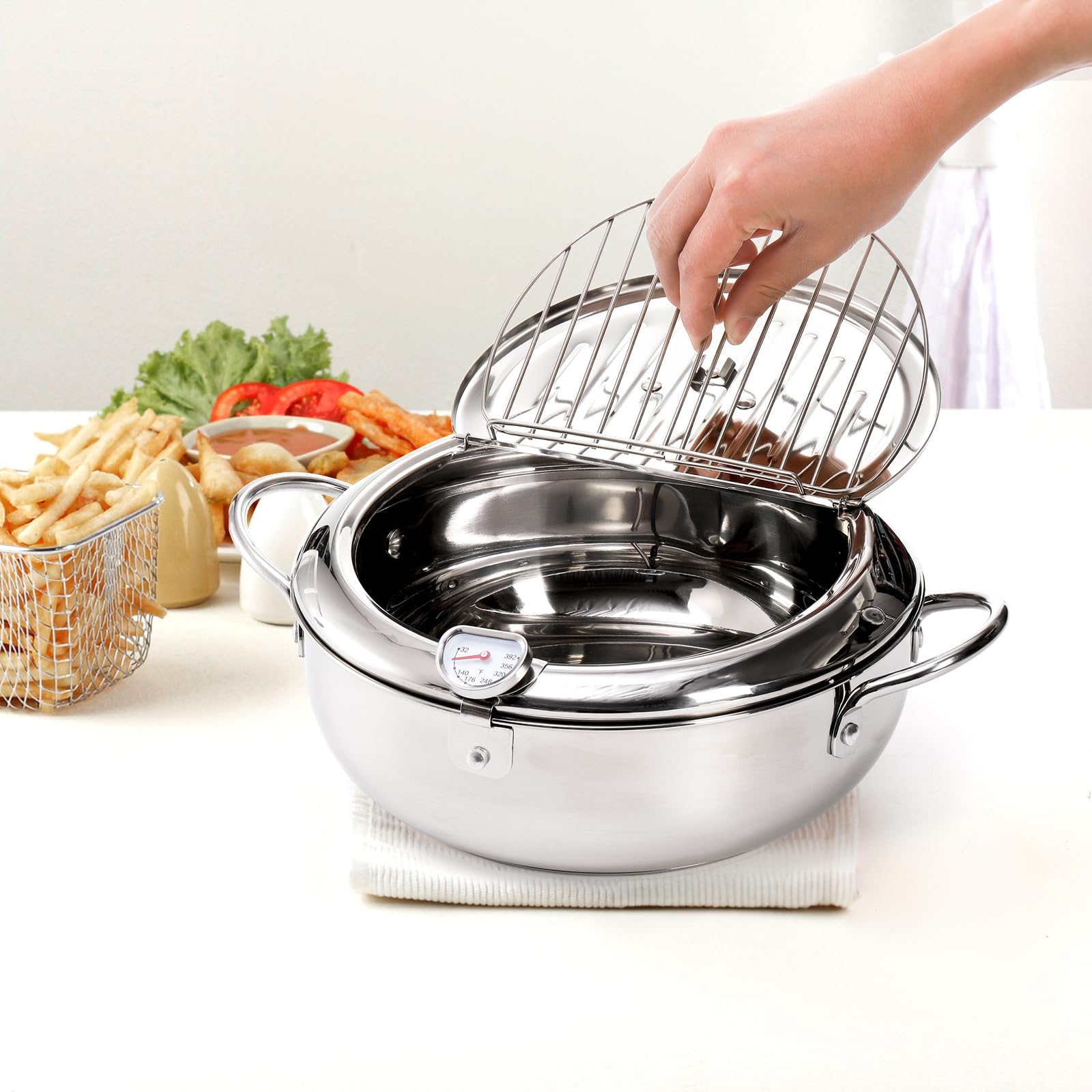 Yopay Deep Fryer Pot 304 Stainless Steel, 3.2L Frying Chicken Pot with Thermometer Control and Lid, Japanese Style Tempura Fryer Pot