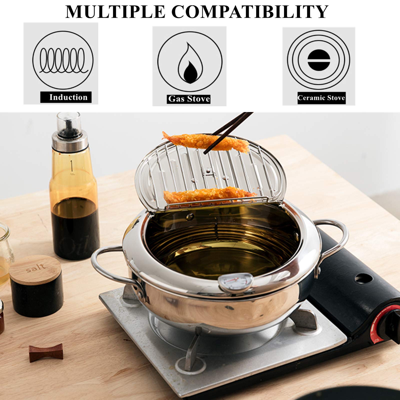 Yopay Deep Fryer Pot 304 Stainless Steel, 3.2L Frying Chicken Pot with Thermometer Control and Lid, Japanese Style Tempura Fryer Pot