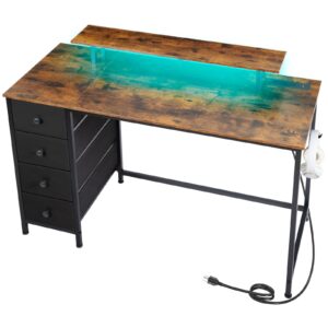 loakekel 55 inch desk with drawers, gaming desk with led light & power outlets, computer desk with monitor stand, writing desk with headphone hook for home office, bedroom, brown, hgd14br