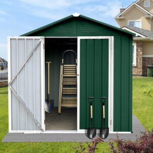 outdoor metal storage shed,4ftx 6ft steel utility tool shed storage house with door and lock,gable sloping roof design outdoor storing tools for garden,backyard green+white