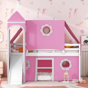 harper & bright designs house loft bed with slide and tent, full size loft bunk bed with tower and ladders, wood bunk bed with slide, playhouse bed frame for kids, teens, boys & girls (full, pink)