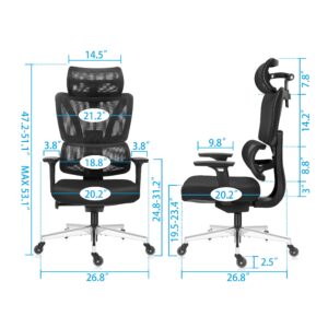 HUAUR C19 Ergonomic Mesh Office Chair with Adjustable Height Lumbar Support，3D Armrest & Headrest，Tilt Function，Blade Wheel for High Back Desk Chair，Swivel Big and Tall Computer Chair (Black)