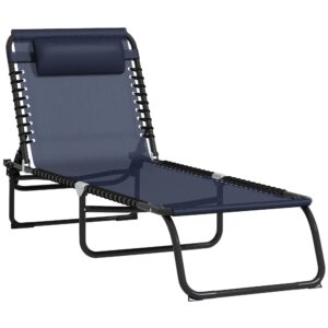 outsunny folding chaise lounge pool chair, patio sun tanning chair, outdoor lounge chair with 4-position reclining back, breathable mesh seat for beach, yard, patio, dark blue