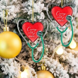 Luejnbogty 2PCS Christmas Heart Stethoscope Decoration, 2024 Stethoscope Caring Heart Work Pendant, Heart Health Wishes Pendant