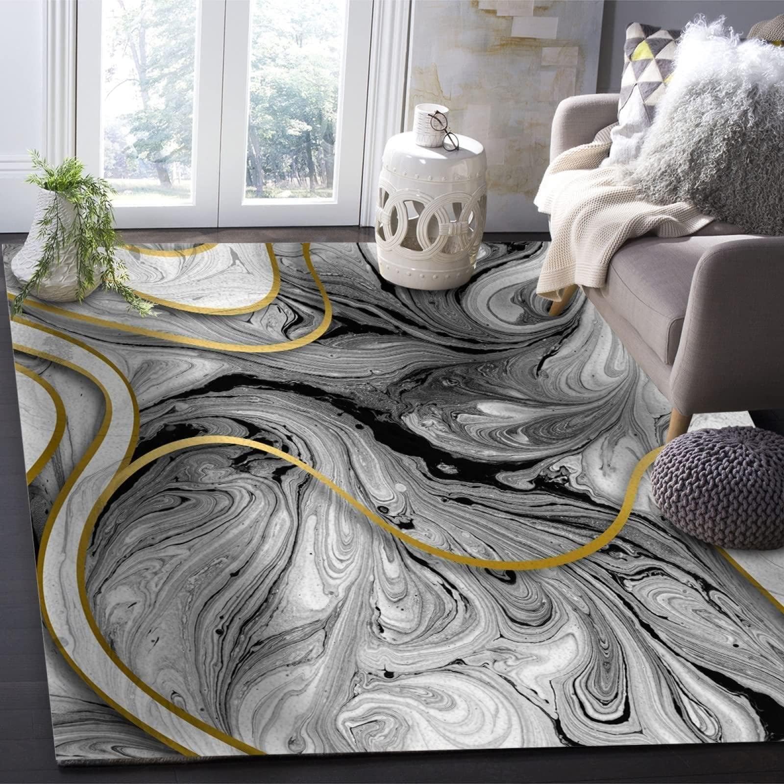 Nordic Luxury Rug for Living Room, Abstract Gold Lines Black and White Marble Area Rugs, Non-slip Breathable Soft Washable Mat for Girls Room Bedroom Entryway Hallway Office 5x7ft