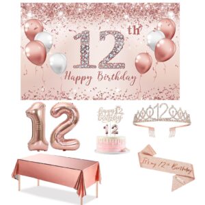 trgowaul 12th birthday decorations party set for girls, rose gold 12 birthday banner and tablecloth, 12& fabulous sash and tiara, 1pc happy 12th birthday cake topper, pink gold 12 number balloons