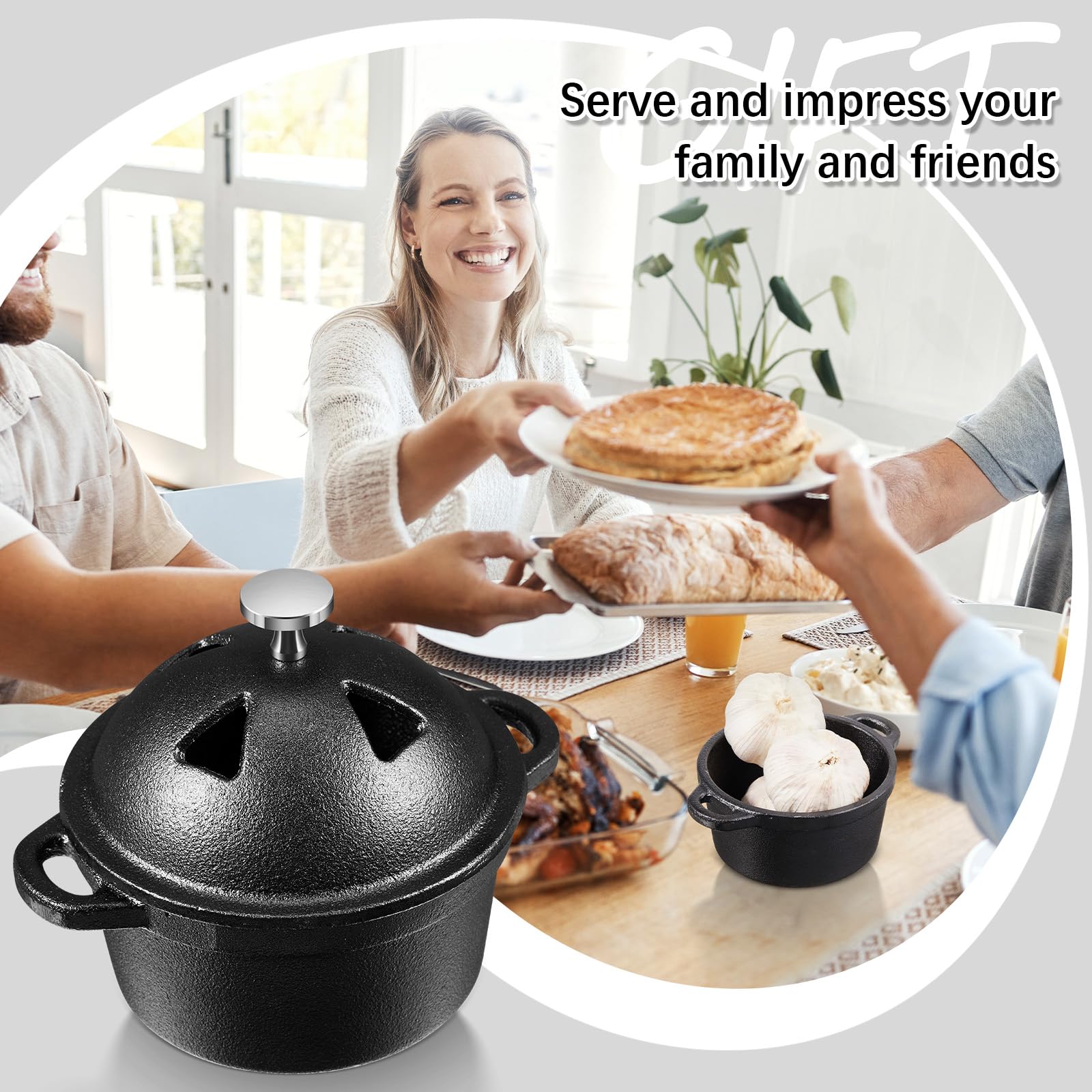 FoldTier 4 Pcs Garlic Roaster Baker Cast Iron Dutch Oven Pre-seasoned Cast Iron Pot 8 oz Mini Cocotte with Lid and Handle Small Black Potato Garlic Baker for Oven BBQ Grill Kitchen Outdoor