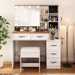 vabches makeup vanity desk with lights and mirror, brown vanity table set with charging station, glass top vanity with rgb lights, large mirror with 3 lighting modes, 5 drawers & cabinet, 40.7in(l)