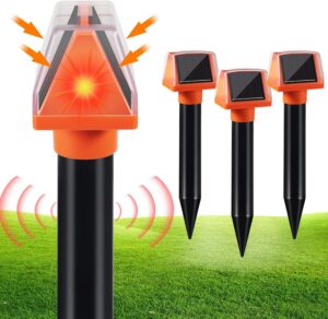 2024 solar mole repellent stakes, 4 pack ultrasonic animal repellent outdoor with flash light for mole groundhog vole gopher snake armadillo, waterproof sonic burrowing mole deterrent for lawn yard