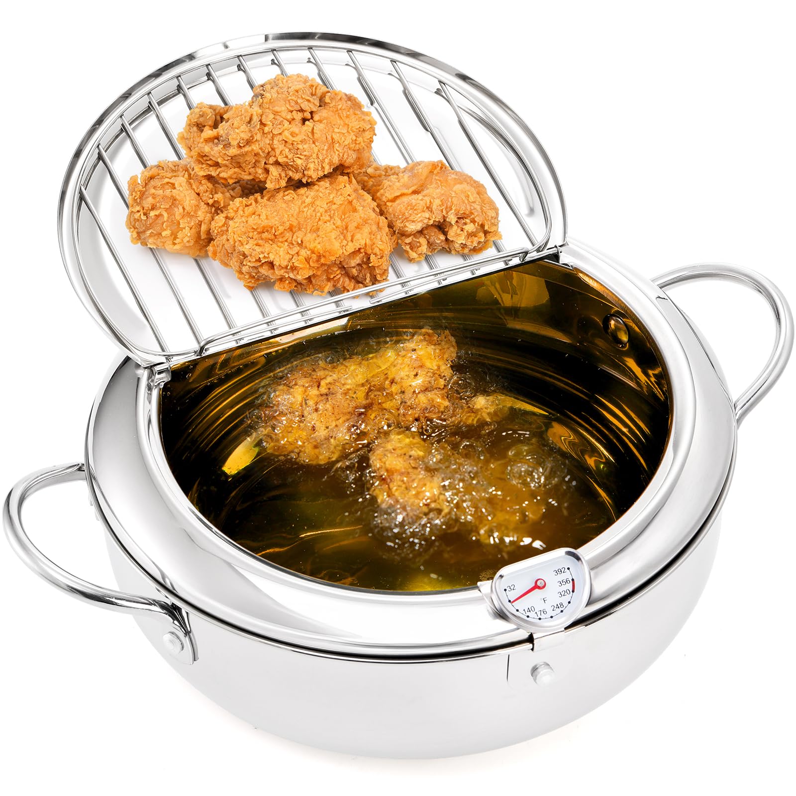 Yopay Deep Fryer Pot 304 Stainless Steel, 3.2L Frying Chicken Pot with Thermometer Control and Lid, Japanese Style Tempura Fryer Pot