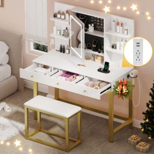 dwvo 39.5 w vanity desk set, makeup table with led lighted mirror and power outlet, adjustable 3 lights modes, vanity table with stool and hidden storage shelves, 3 drawers with for girls gift, white