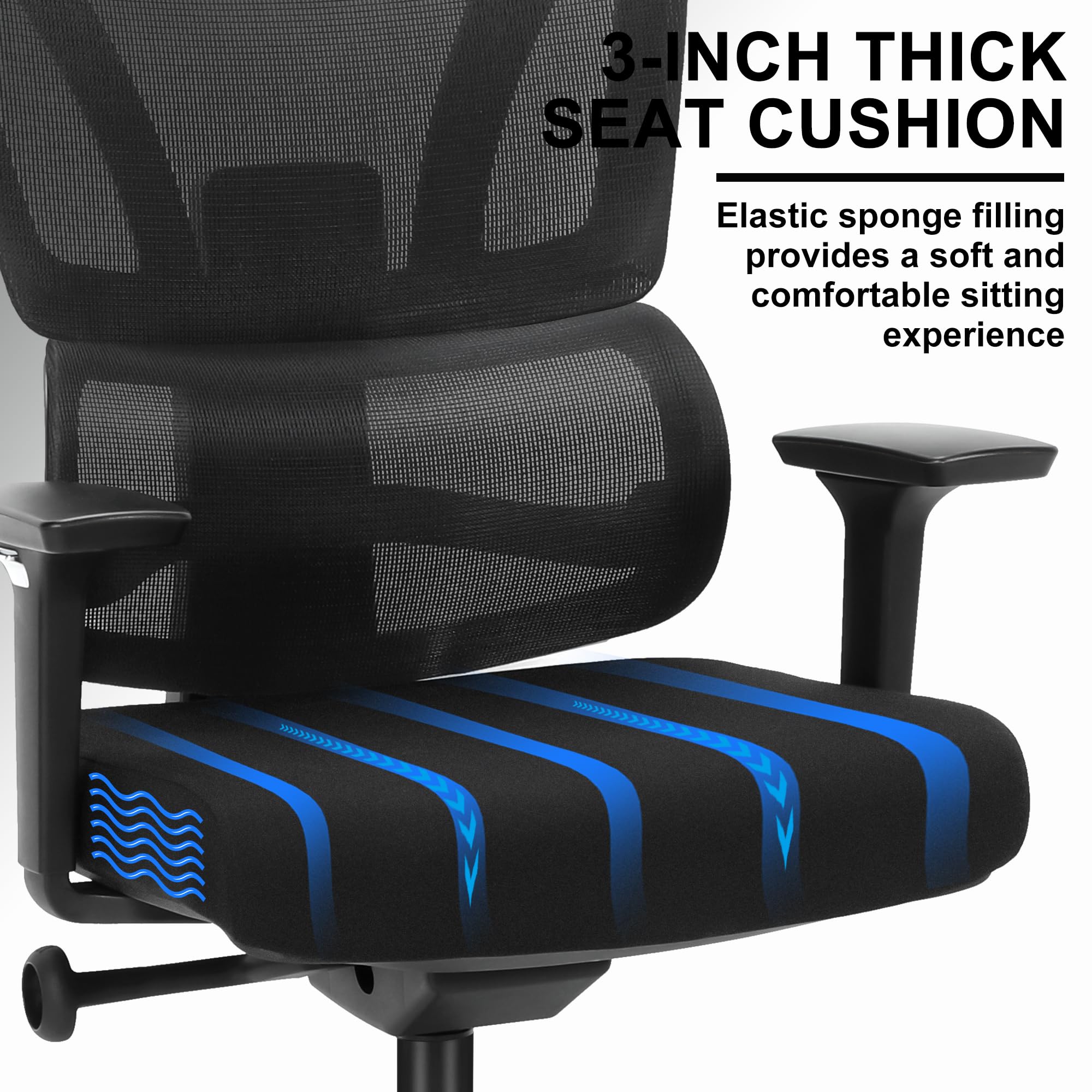 HUAUR C19 Ergonomic Mesh Office Chair with Adjustable Height Lumbar Support，3D Armrest & Headrest，Tilt Function，Blade Wheel for High Back Desk Chair，Swivel Big and Tall Computer Chair (Black)