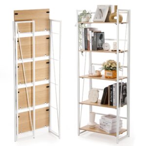 rengue no-assembly folding bookshelf storage shelves 5 tiers foldable vintage multifunctional plant flower stand storage rack shelves bookcase for home office, white