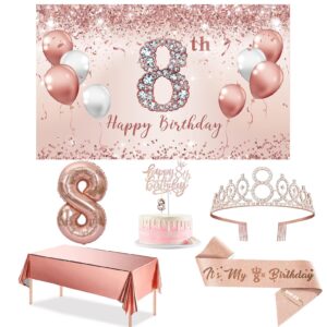 trgowaul 8th birthday decorations party set for girls, rose gold 8 birthday banner and tablecloth, 8 & fabulous sash and tiara, 1pc happy 8th birthday cake topper, pink gold 8 number balloons