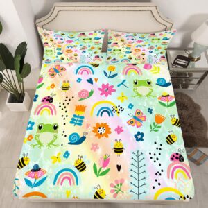 fuyeun rainbow frogs fitted sheet sets,cartoon floral kids bedding twin size for girls teens adults bedroom bed, kawaii sheets bedspread set,1 flat sheet 1 fitted sheet 1 pillowcase