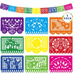 18 ft cinco de mayo party decorations, 1 pack fiesta banner with 9 plastic papel picado, colorful mexican theme party flag banner dia de los muertos day of the dead hanging decor home party supplies