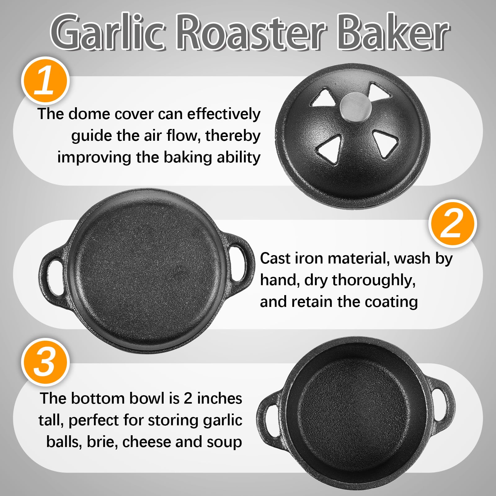 FoldTier 4 Pcs Garlic Roaster Baker Cast Iron Dutch Oven Pre-seasoned Cast Iron Pot 8 oz Mini Cocotte with Lid and Handle Small Black Potato Garlic Baker for Oven BBQ Grill Kitchen Outdoor