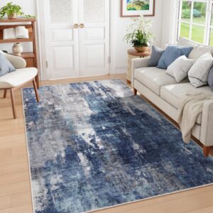 uphome 5x7 living room rug, modern washable rug for bedroom, abstract soft non-slip dining room rug, blue aesthetic foldable indoor carpet for nursery kitchen playroom