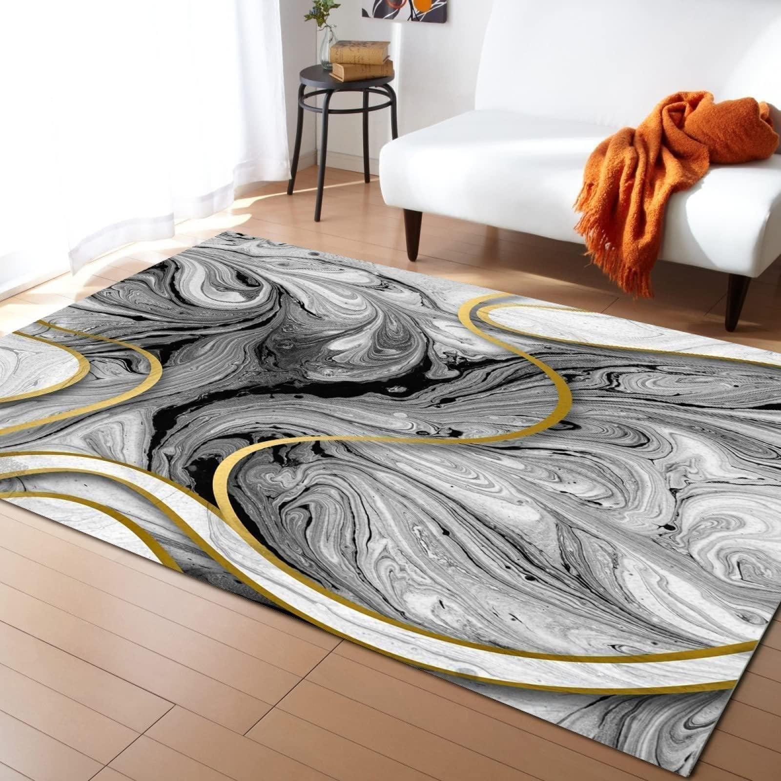 Nordic Luxury Rug for Living Room, Abstract Gold Lines Black and White Marble Area Rugs, Non-slip Breathable Soft Washable Mat for Girls Room Bedroom Entryway Hallway Office 5x7ft