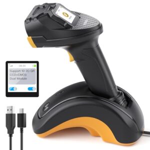 inateck bluetooth barcode scanner, 2d 1d wireless handheld scanner, qr code scanner, equipped with a touchscreen and smart base, cmos+ccd dual modules, larger scanning range, supports app sdk, p8.