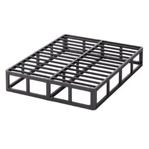 askeld queen bed frame, 9 inch high metal box spring with more steel slats support, sturdy platform bedframe low to floor, 3500 lbs weight capacity heavy duty mattress base, easy assembly, black