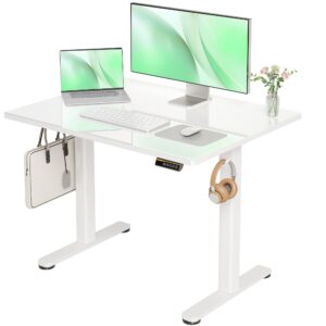 claiks glass standing desk, small electric standing desk adjustable height, 40 inch adjustable stand up desk, quick install home office computer desk, super white