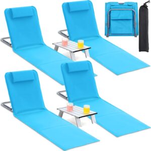 beeveer 4 pack beach lounge chaise chairs with 2 folding side tables portable tanning chair 5 position adjustable lightweight camping chair for sunbathing, outdoor yard, lawn (lake blue)