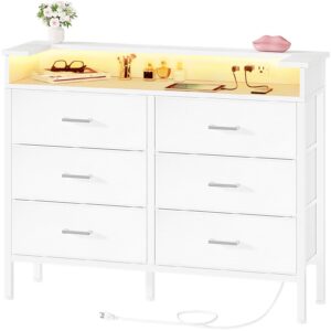 boluo white dresser with led light and charging station for bedroom 6 drawer dresser with usb outlet, dressers & chests of drawers fabric dresser for closet modern