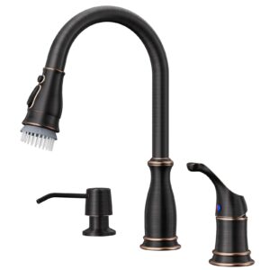 appaso 3 hole kitchen faucet, bronze kitchen sink faucet with pull down sprayer 3 modes, oil rubbed bronze kitchen faucet with soap dispenser and separate handle, kitchen faucet 3 pieces, zinc alloy