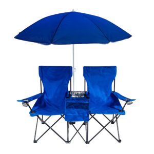 trademark innovations double folding camp and beach chair with removable umbrella and cooler (blue)