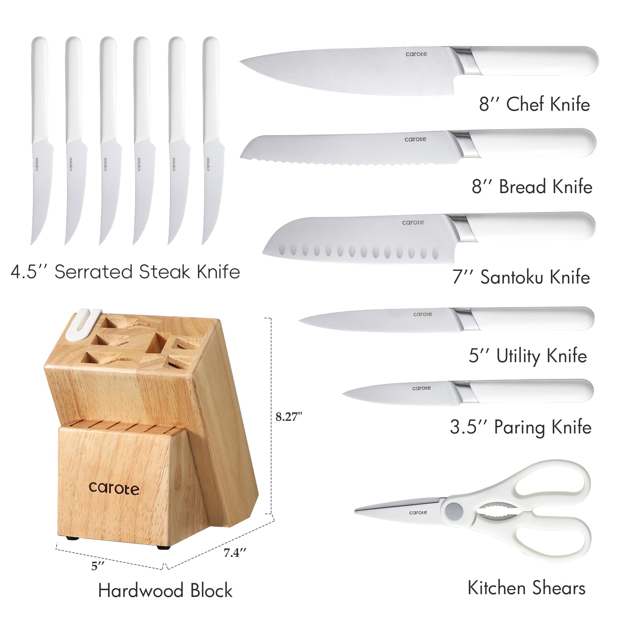 CAROTE 14PCS Kitchen Knife Set with Block, Stainless Steel Blade Knife Block Set, Knife Set with Built-in Sharpener, Razor-Sharp,White