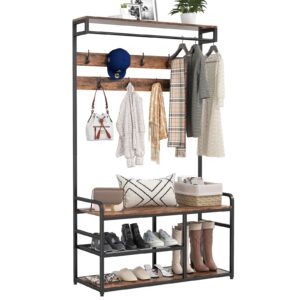 livofloral hall tree coat rack with storage, entryway hall tree with 9 hooks, coat and shoe rack, industrial entryway furniture with shoe and clothes storage for mudrooom, rustic brown